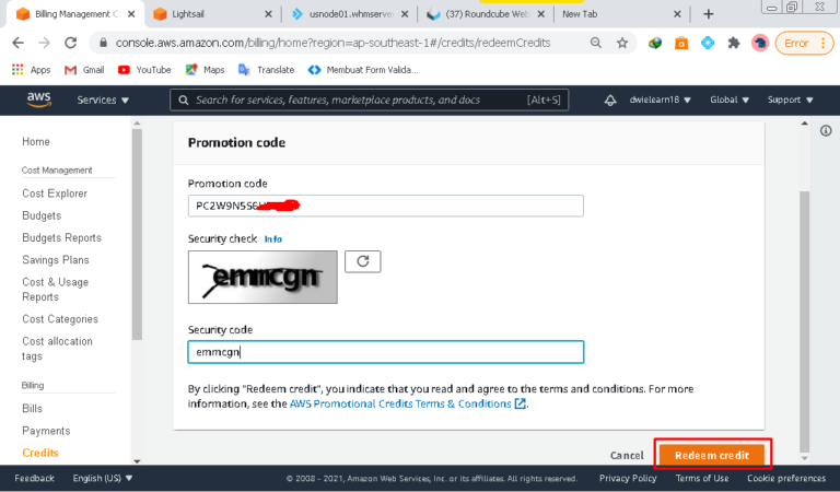 Cara Memasukkan Kode atau Voucher Kredit AWS - DwiAY (DAL1809)