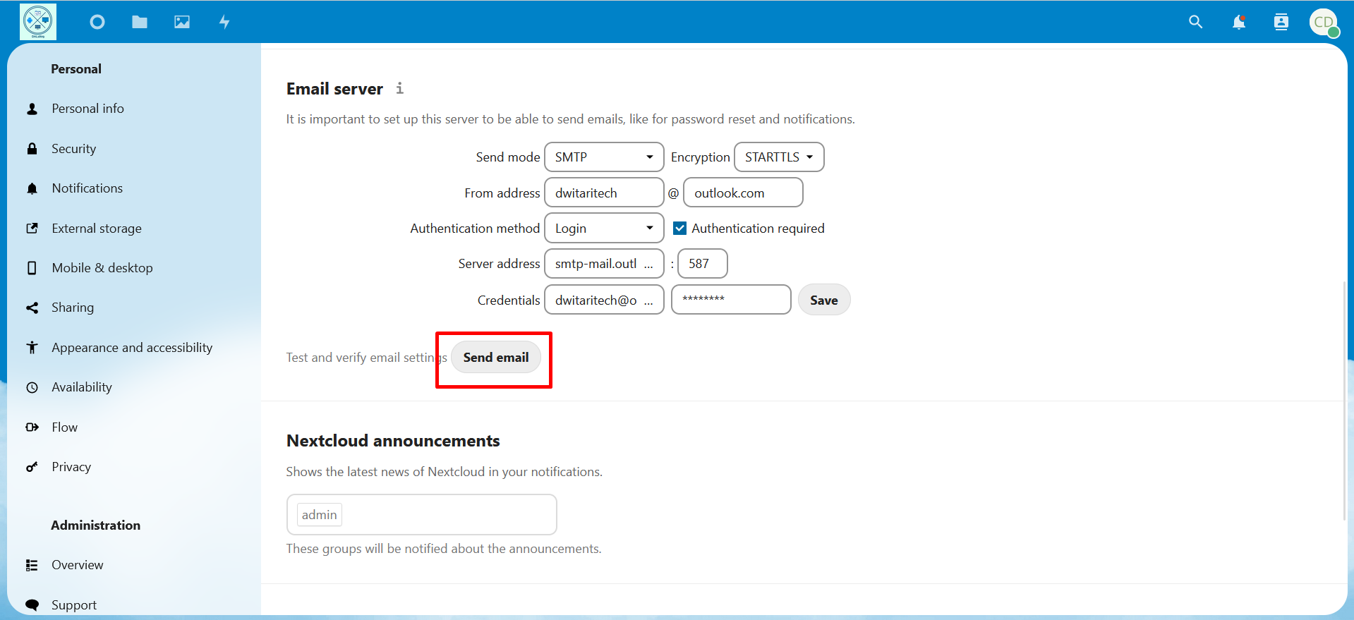 Cara Konfigurasi Email Server SMTP dengan Outlook di Nextcloud tanpa ...